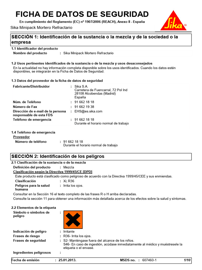 Sika Minipack Mortero Refractario FDS | PDF | Tecnología