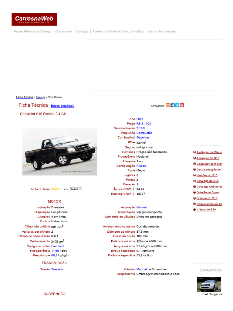 Carros Na Web - Chevrolet S10 Rodeio 2.4 CS 2001 - Ficha Técnica ...