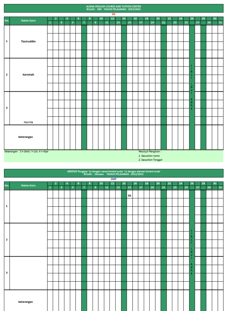 Contoh Absensi Untuk Guru Bimbel | PDF