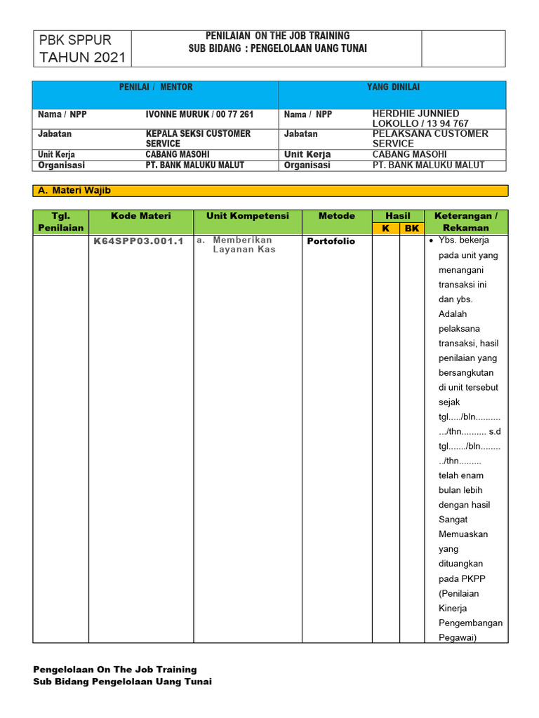 Form Penilaian On The Job Training PUT (OJT) Pengelolaan Uang Tunai | PDF