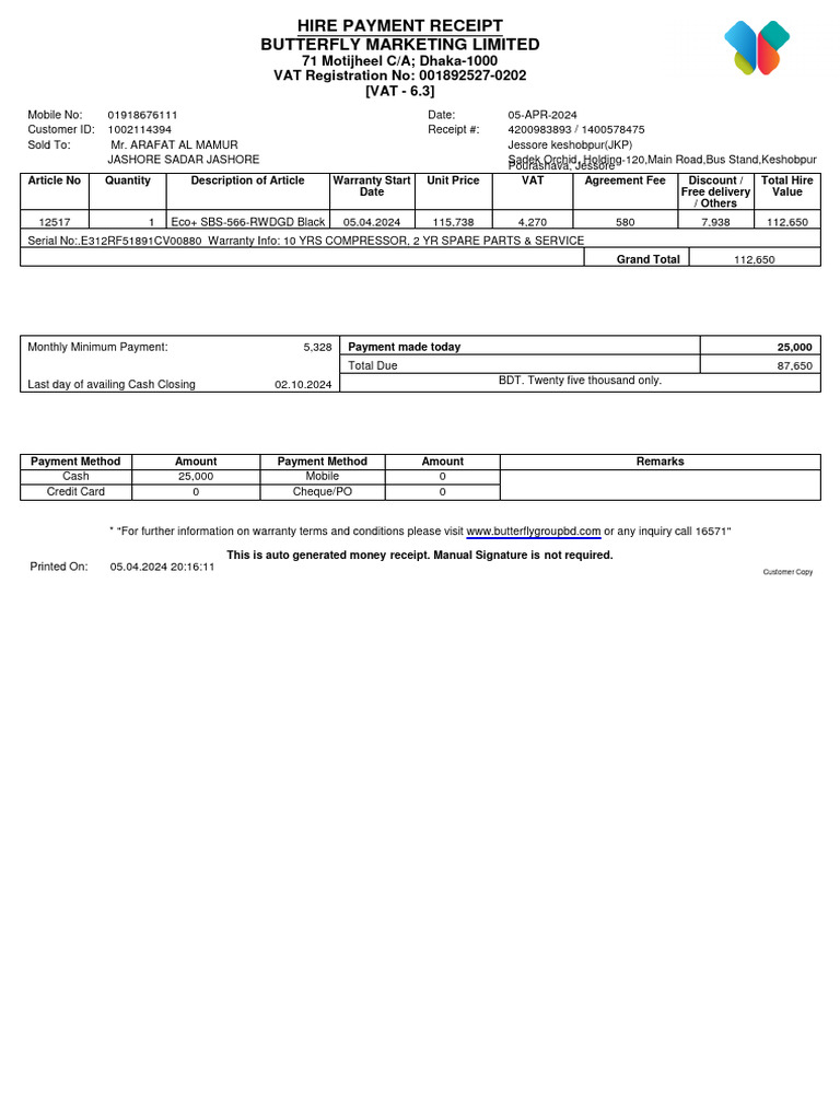 money receipt eco freeze | PDF | Receipt | Payments