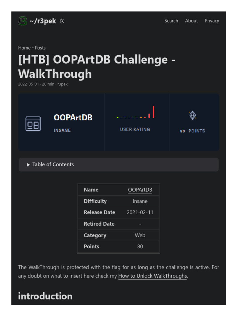 (HTB) Oopartdb Challenge - Walkthrough: /R3Pek | PDF | Domain Name System | Computing