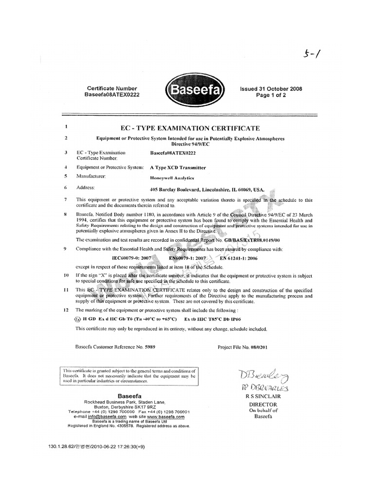 BASEEFA - 08 ATEX 0222 | PDF