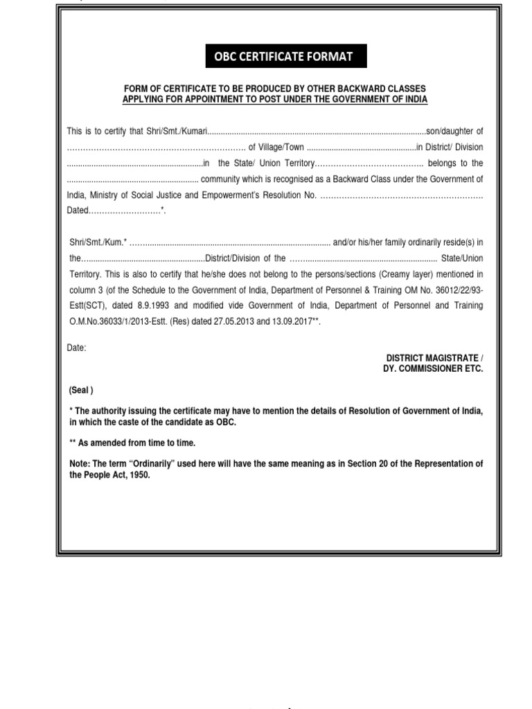 Obc Certificate | PDF | Politics Of India | Social Inequality