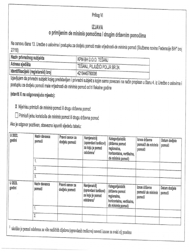 Prilog VI. Izjava.o.primlj - de Minimis | PDF