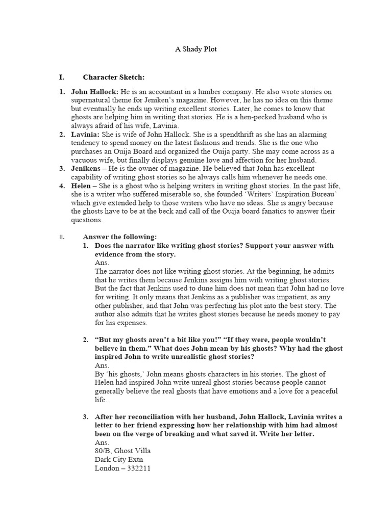 Character Analysis of "A Shady Plot" | PDF