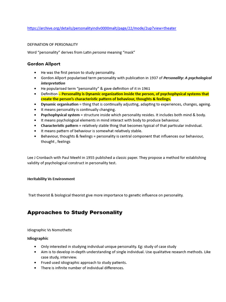 Personality, Notes | Download Free PDF | Id | Unconscious Mind