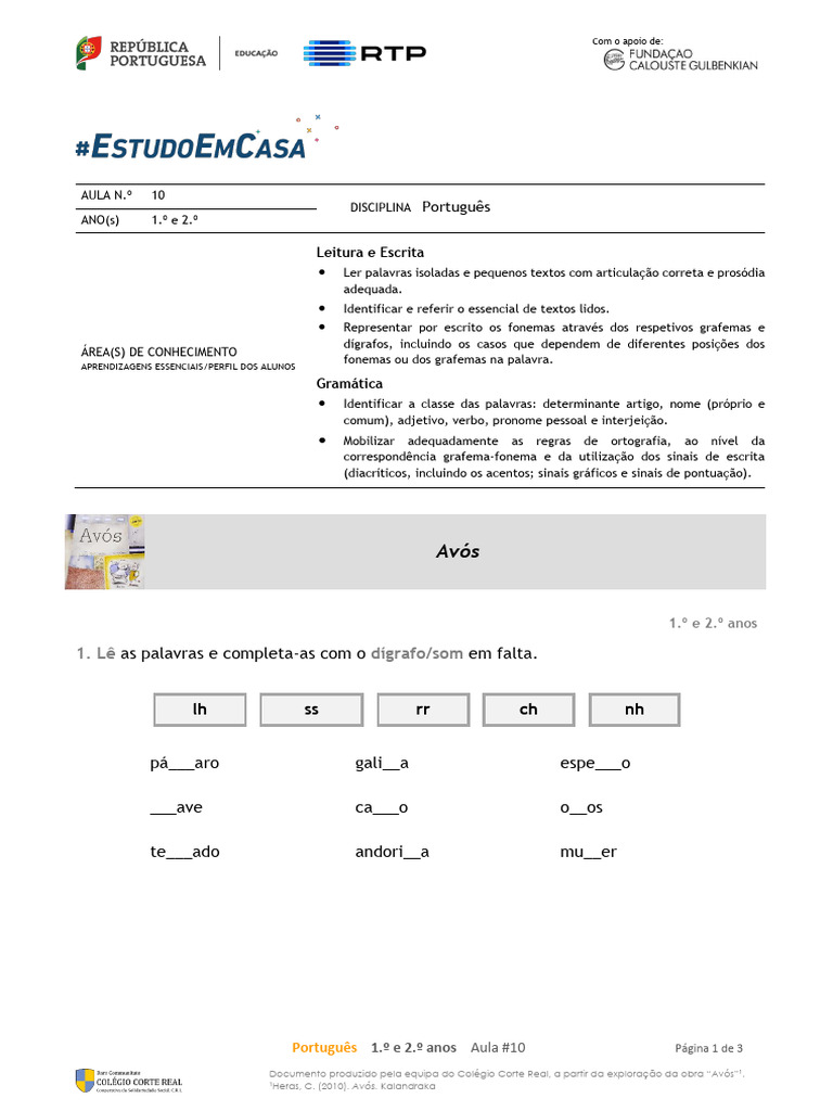 #Estudoemcasa Português 1.º2.ºanos Aula10 R2 | PDF | Palavra | Pronome