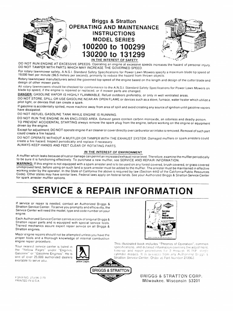 Brigg&Stratton 130202 | PDF | Hazards | Engines