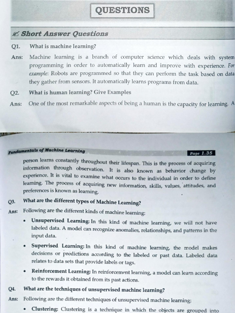 ML (UNIT1 Question With Answers) | PDF
