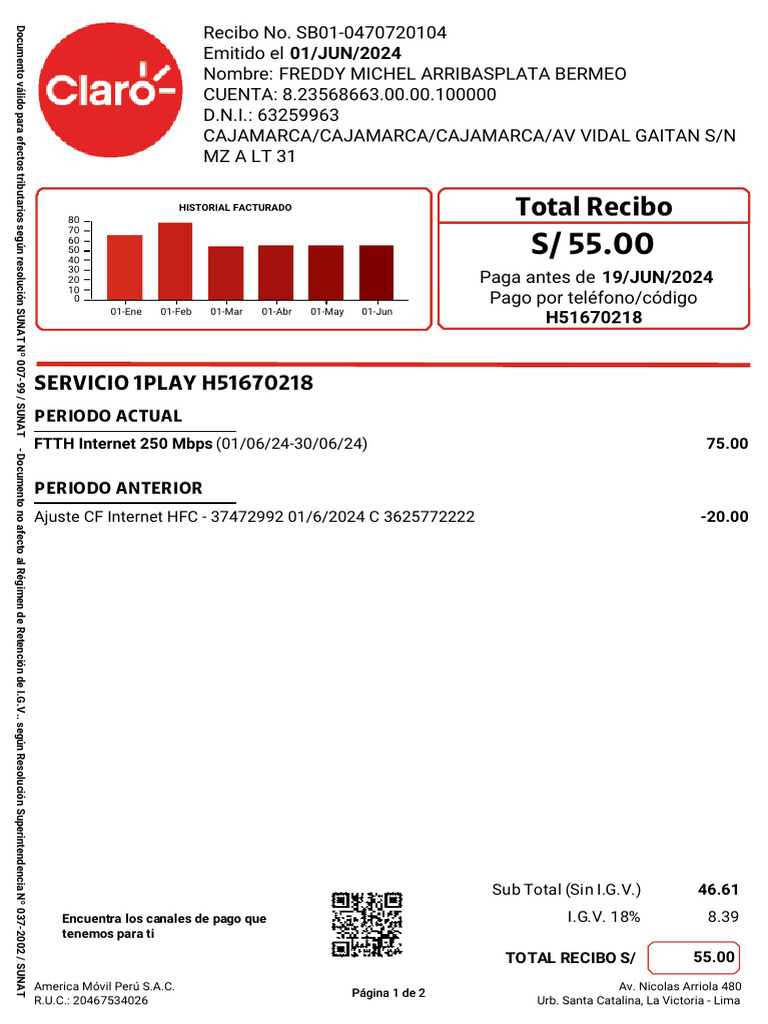 Recibo Claro Perú: Detalles de Pago y Servicios | PDF | Telecomunicaciones