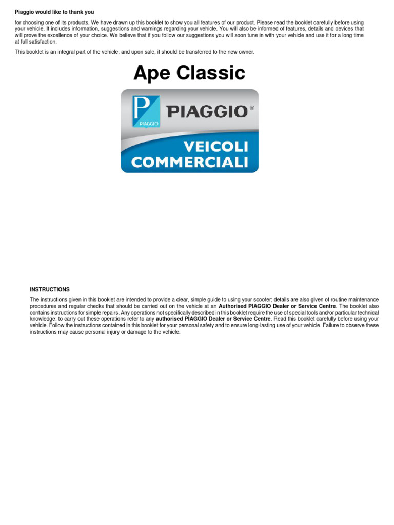 APE Classic (Diesel) - Owners Manual (2008, English) | PDF | Clutch | Brake