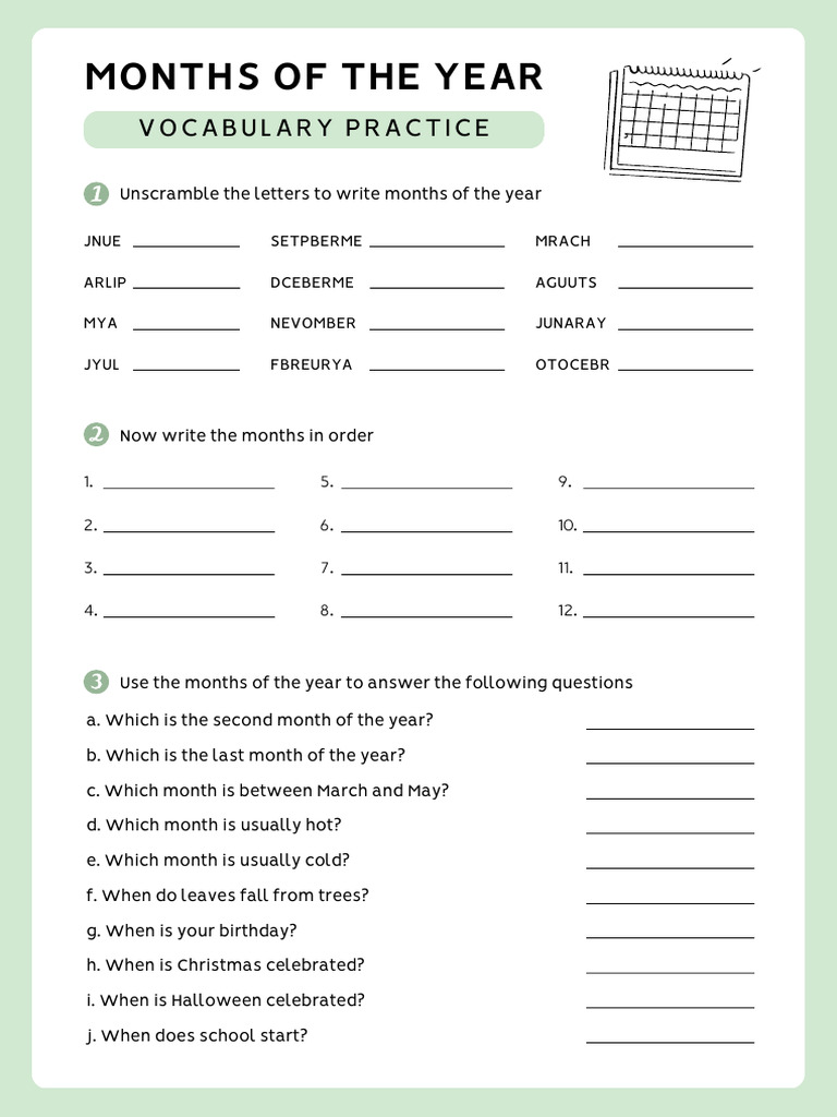 Months of The Year Vocabulary Practice Printable and Digital Worksheet ...