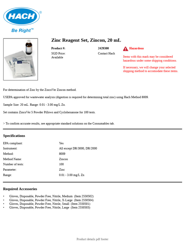 Hach Zinc Reagent Set Overview | PDF