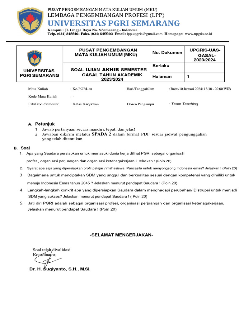 UAS MKU PGRI (Karyawan) | PDF