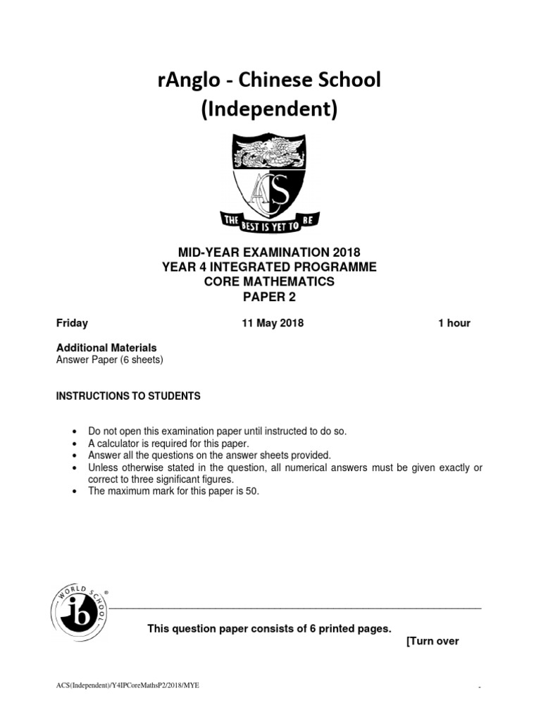 2018 YR 4IP Core Math MYE P2 With Ans | PDF | Area | Sphere