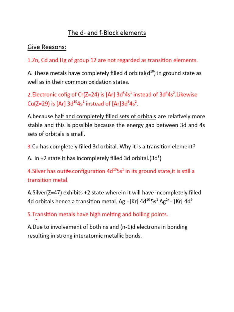 Revised D and F Block Elements Give Reason Final Word - 2 | PDF | Transition Metals | Electron ...