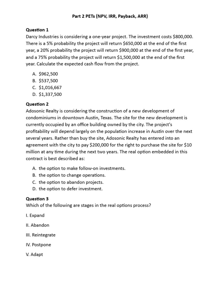 Part 2 PETs (NPV, IRR, Payback, ARR)_Qs 23 Mar 2024 | PDF | Net Present Value | Internal Rate Of ...