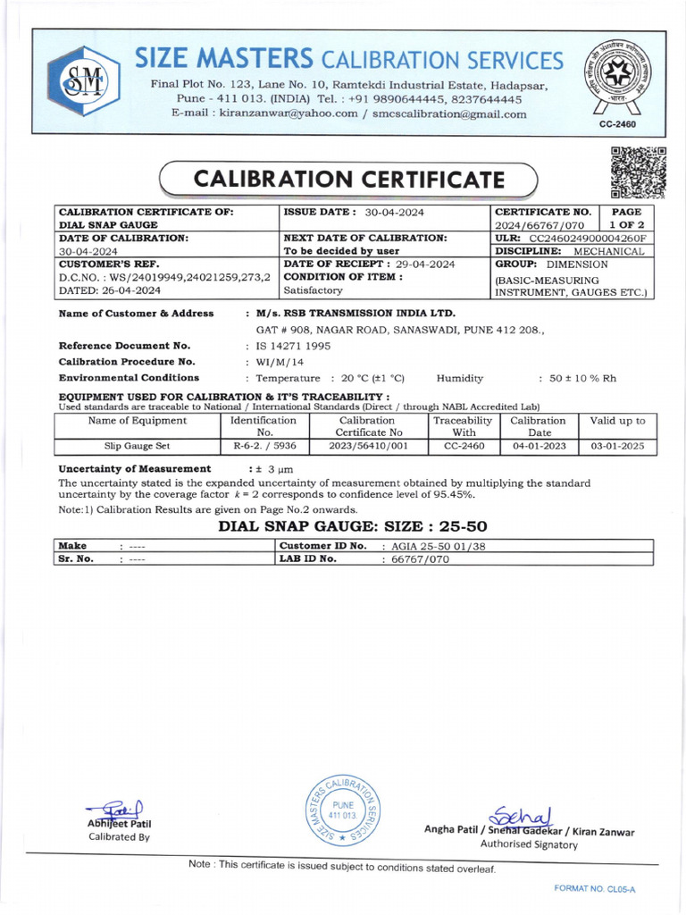 Calibration Certificate for Dial Snap Gauge | PDF | Calibration ...