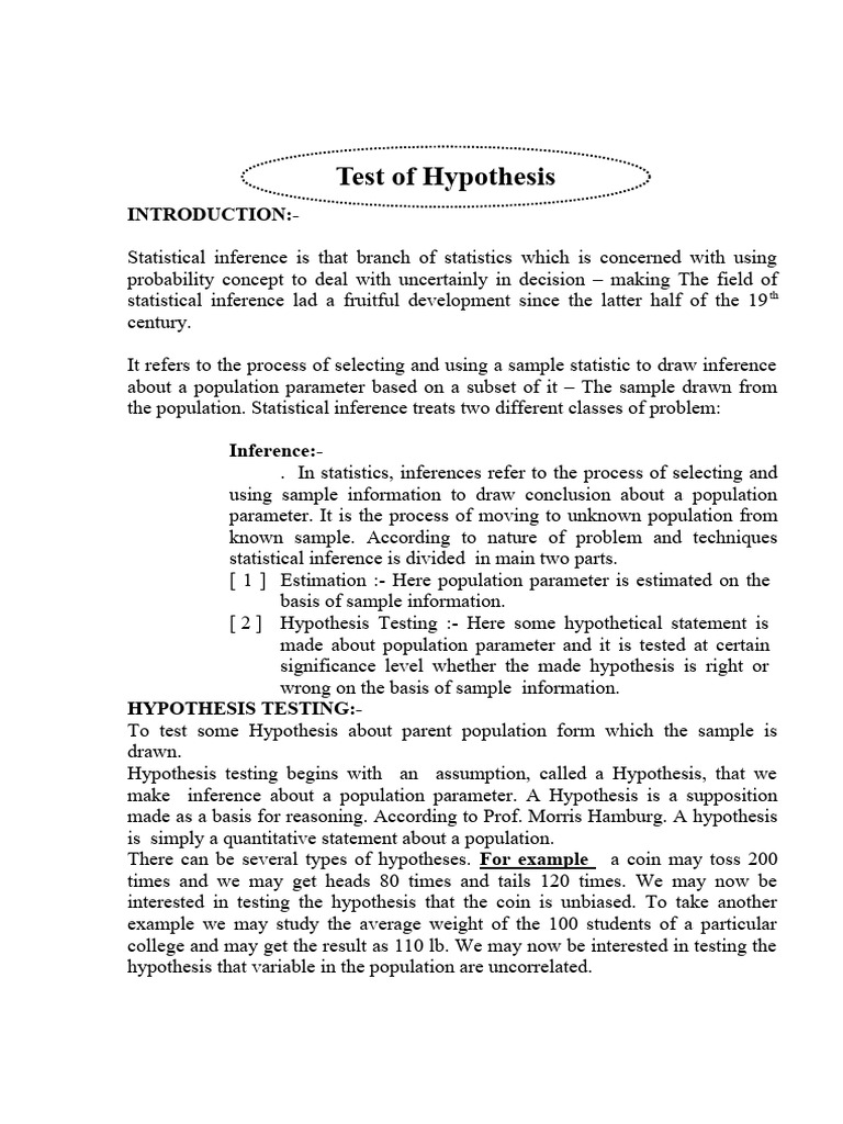Test Of Hypothesis Pdf Statistical Hypothesis Testing Hypothesis