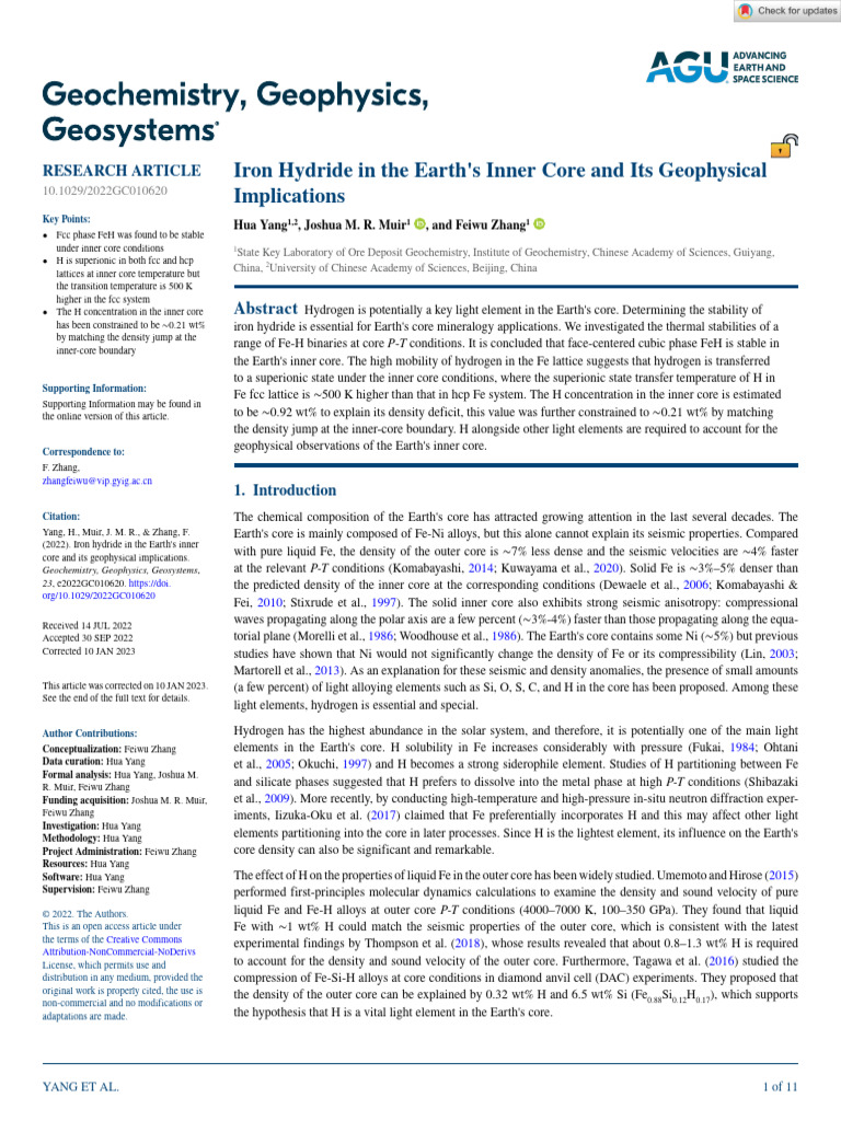 Geochem Geophys Geosyst - 2022 - Yang - Iron Hydride in The Earth S Inner Core and Its ...