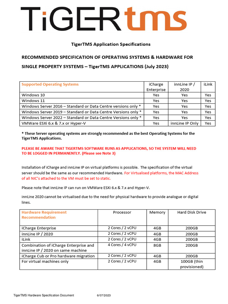 TigerTMS PC Hardware and OS Requirments - Single Property | PDF | Hyper V | Operating System