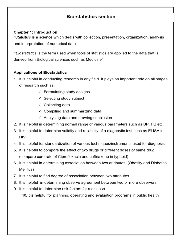 Bio-Statistics Section: Chapter 1: Introduction | PDF