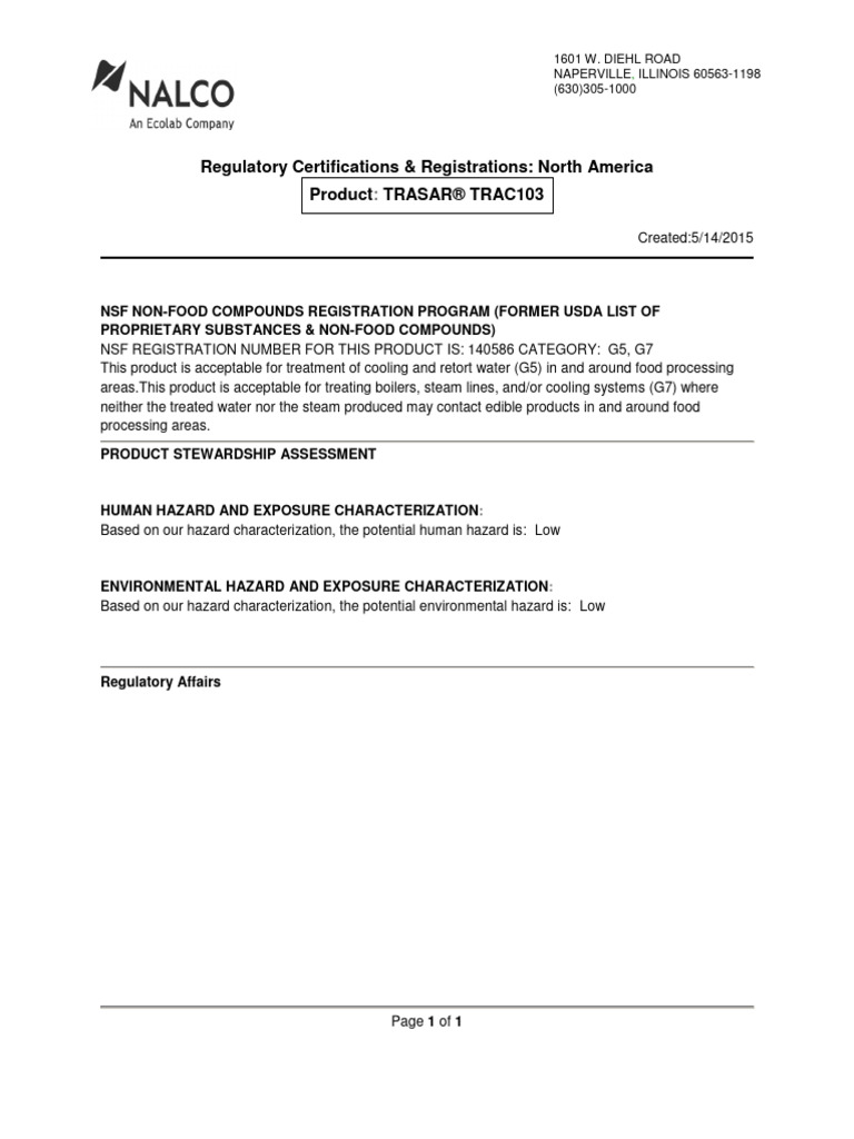 US - EN - TRAC103 - TRASAR TRAC103 - North America Regulatory Data ...