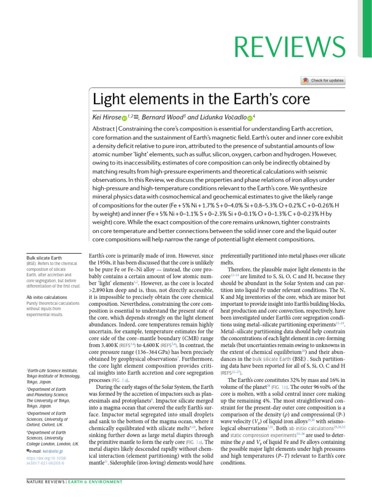 Light Elements in The Earth's Core | PDF | Planetary Core | Iron