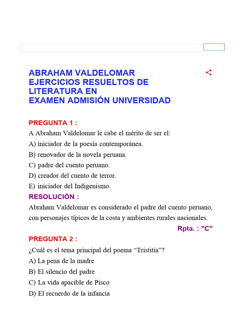 Abraham Valdelomar Ejercicios Resueltos de Literatura en Examen Admisi n Universidad.pdf | PDF