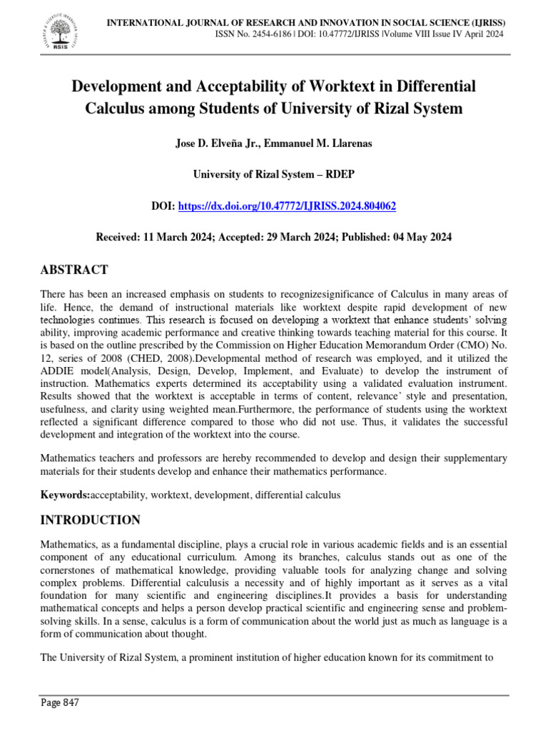 Development and Acceptability of Worktext in Differential Calculus Among Students of University ...