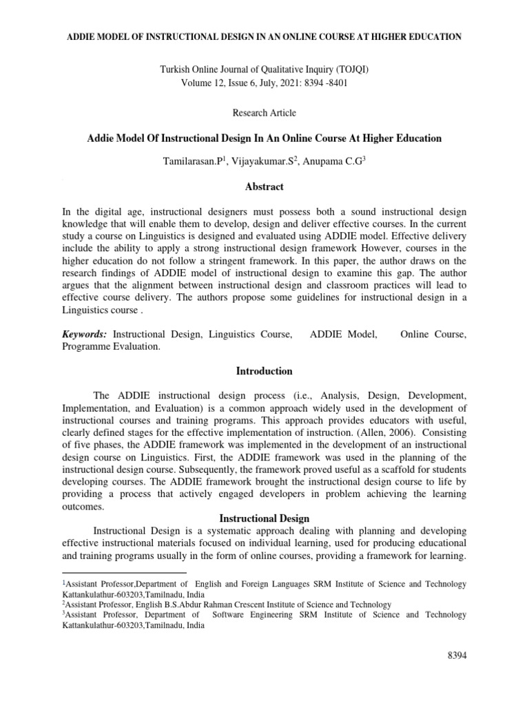 Addie Model of Instructional Design in An Online Course at Higher Education | PDF ...