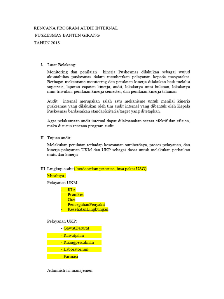 CONTOH TEMPLATE RENCANA PROGRAM AUDIT INTERNAL PUSKESMAS DAN INSTRUMEN ...