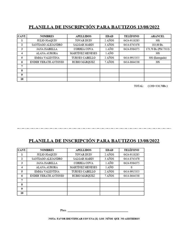 Inscripción Bautizos 2022-2023 | PDF