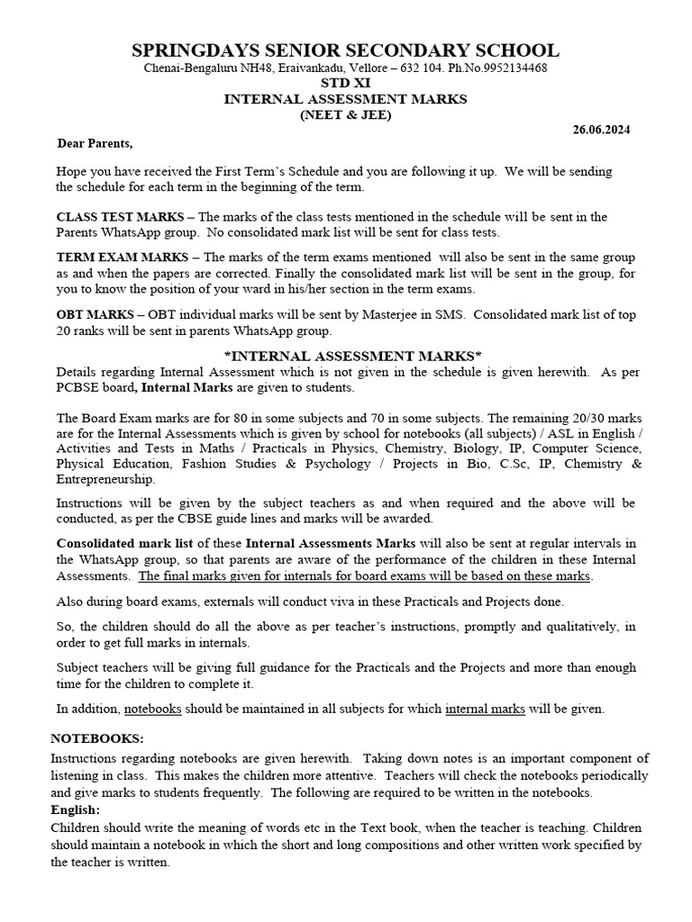 STD Xi - Internal Assessments - Neet & Jee | PDF | Teachers