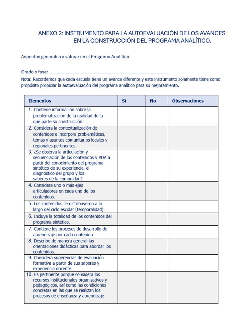 ANEXO 2. INSTRUMENTO PARA AUTOEVALUACIÓN PROGRAMA ANALÍTICO | Descargar gratis PDF | Escuelas ...