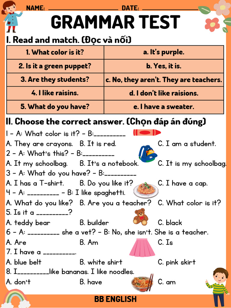 Grade 1 English Grammar Test | PDF