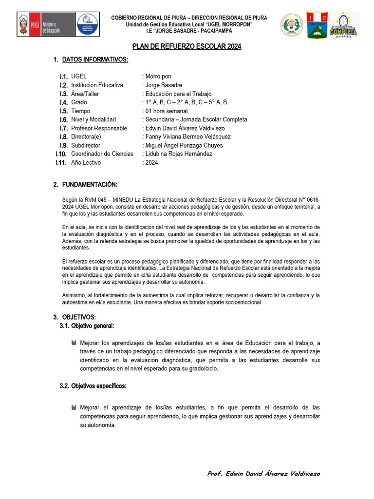 Plan De Refuerzo Escolar 2024 Ept Pdf Aprendizaje Evaluación