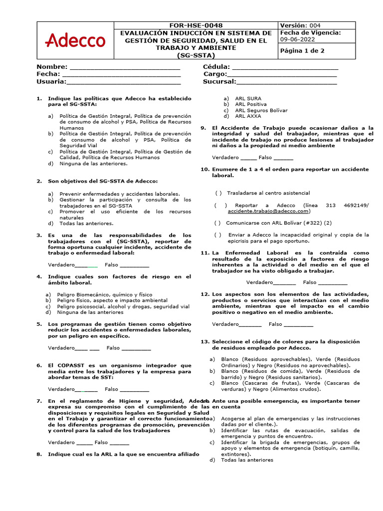 FOR-HSE-0048 Evaluación de Inducción en SSTA | PDF | Residuos | Higiene