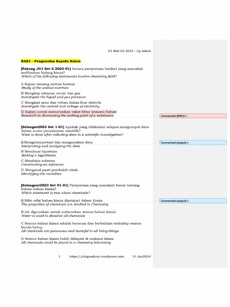 Chemquest k1 Ting 4 Jawapan | PDF