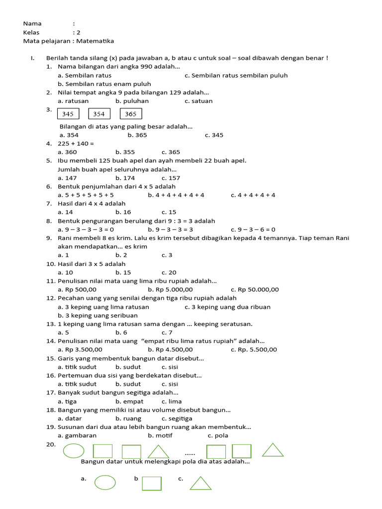 soal kelas 2 matematika | PDF