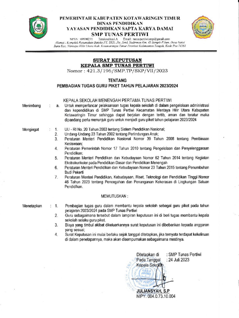 SK Pembagian Tugas Guru Piket Tahun Pelajaran 2023-2024 | PDF