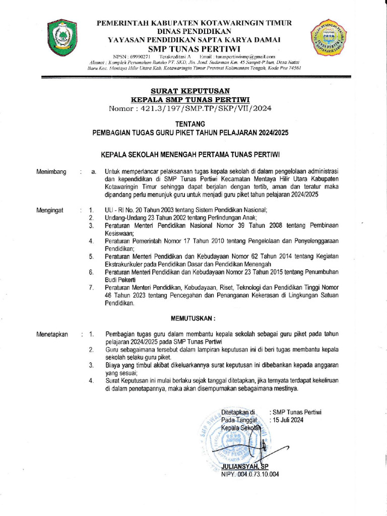 SK Pembagian Tugas Guru Piket Tahun Pelajaran 2024-2025 | PDF