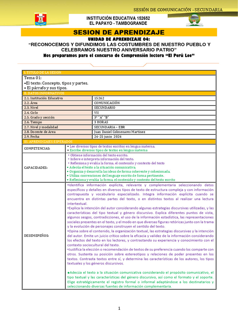 3° SEC - SESION 01 - ACTV 01 COMUNICACIÓN 24 JUNIO 2024 | PDF | Oración (Lingüística) | Aprendizaje
