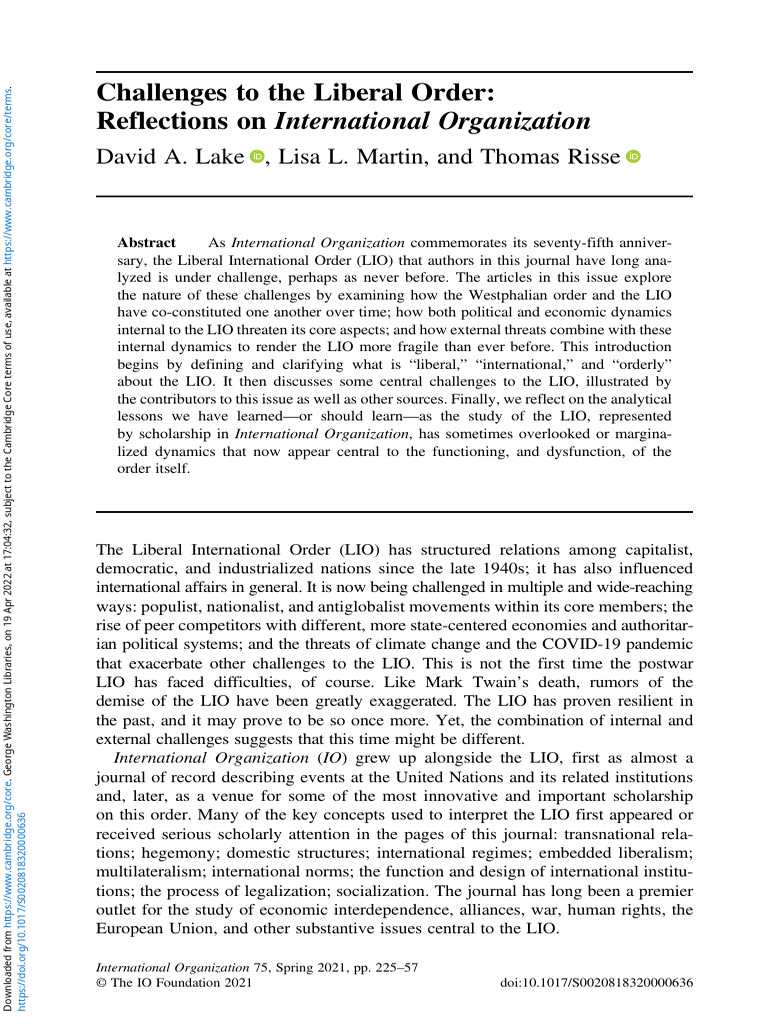 Challenges To The Liberal Order Reflections On International ...