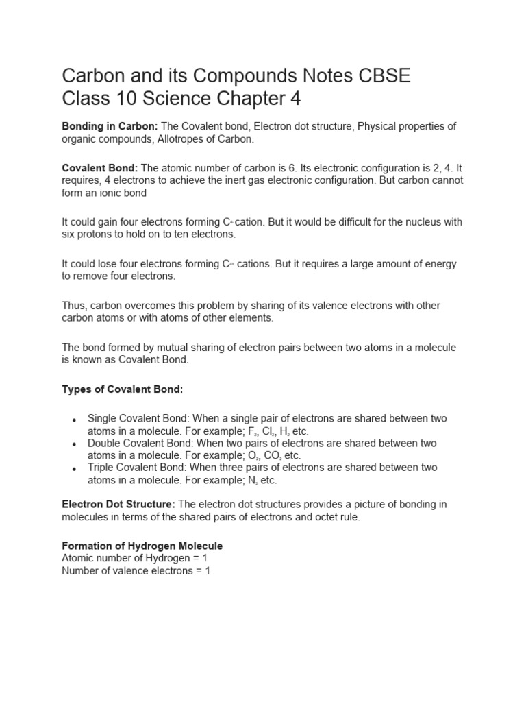 Carbon and Its Compounds Notes CBSE Class 10 Science Chapter 4 | PDF ...