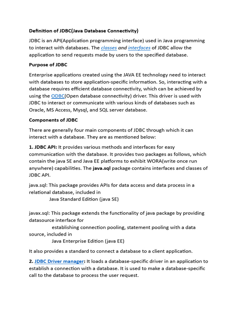 Definition of JDBC | PDF | Databases | Java (Programming Language) Definition of JDBC | PDF | Databases | Java (Programming Language)