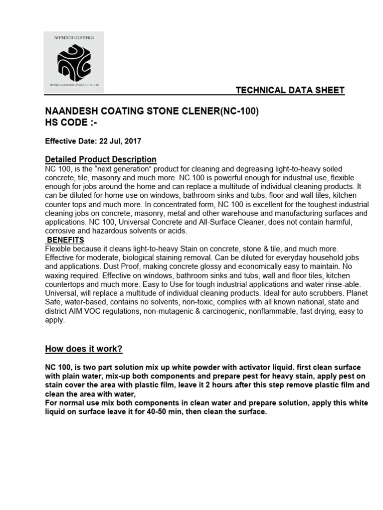 Technical Data Sheet Nc100 Cleaner | PDF | Countertop | Water