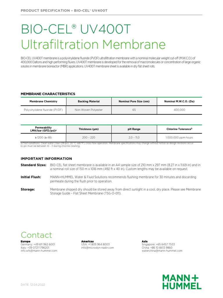 UV400T Flat Sheet Membrane | PDF | Membrane | Scientific Phenomena