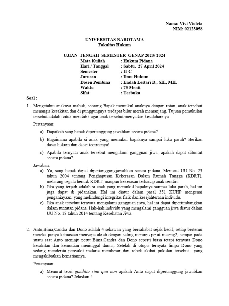 UTS Hukum Pidana Genap 2023-2024-1 | PDF